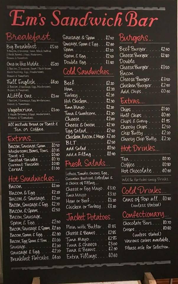Menu at Ems sandwich bar at selco, Bradford