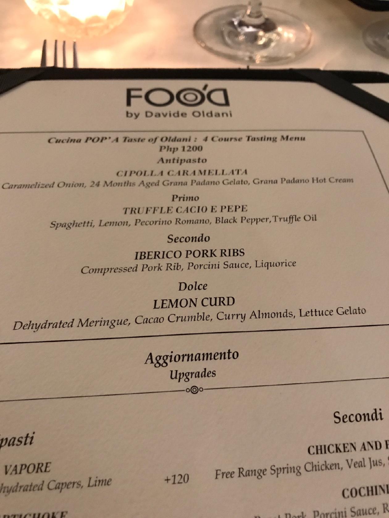 Menu at FOO'D by Davide Oldani restaurant, Taguig