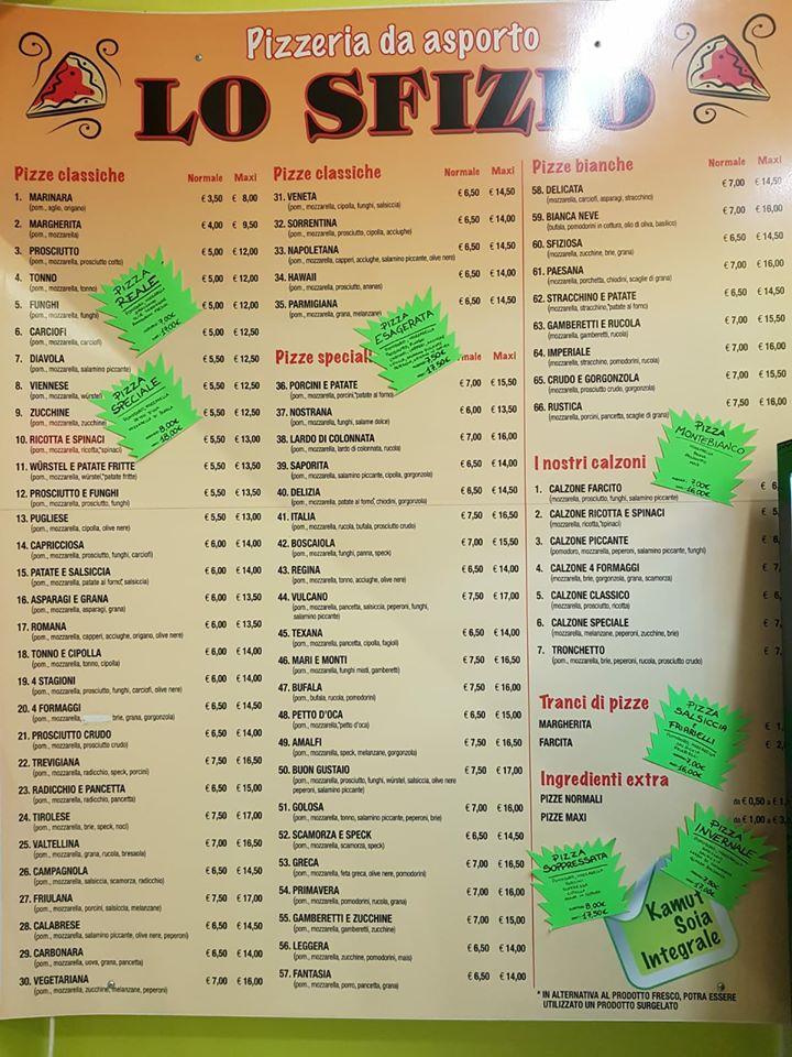 Menu at Lo Sfizio pizzeria, Roveredo in Piano