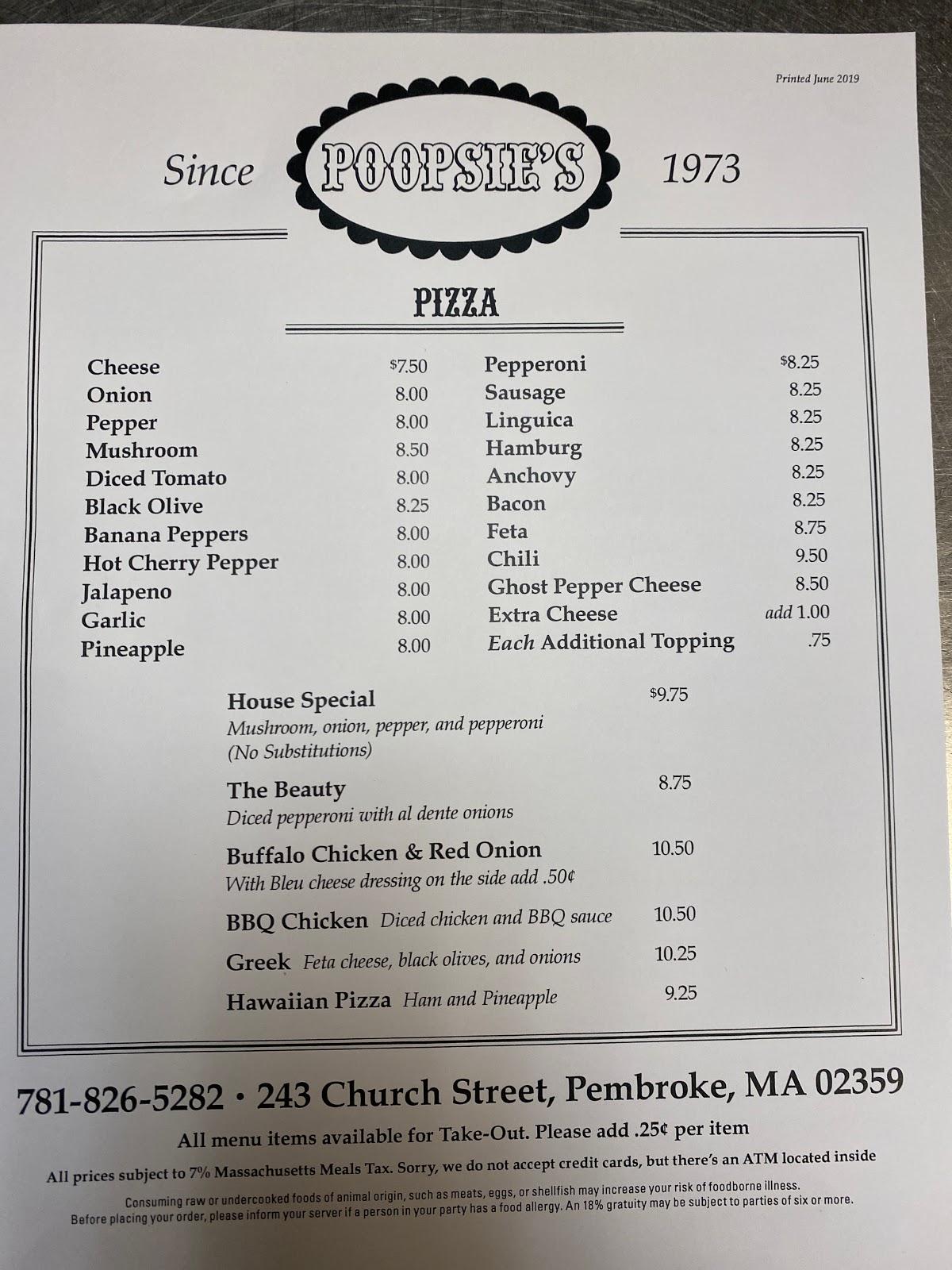 Menu at Poopsie's pub & bar, Pembroke