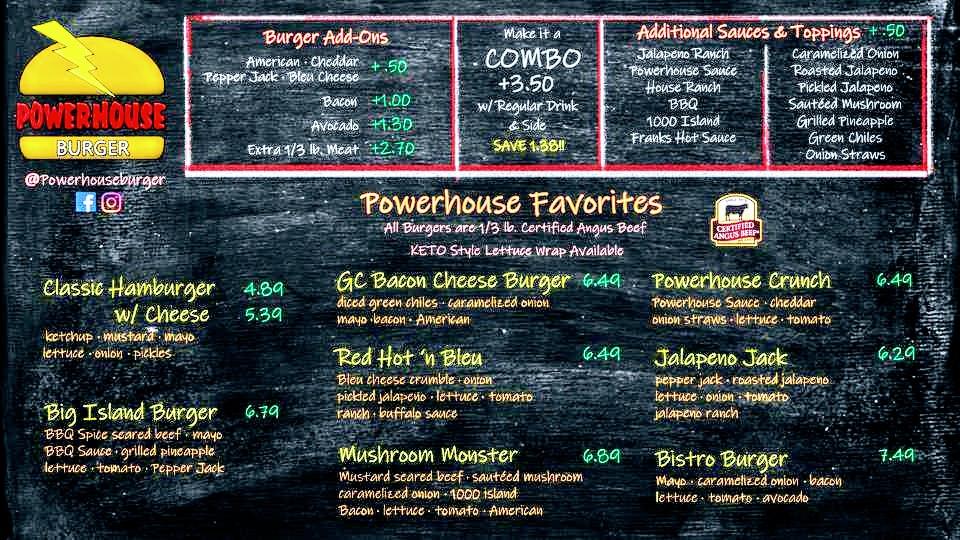 Menu at Powerhouse Burger restaurant, Pilot Point