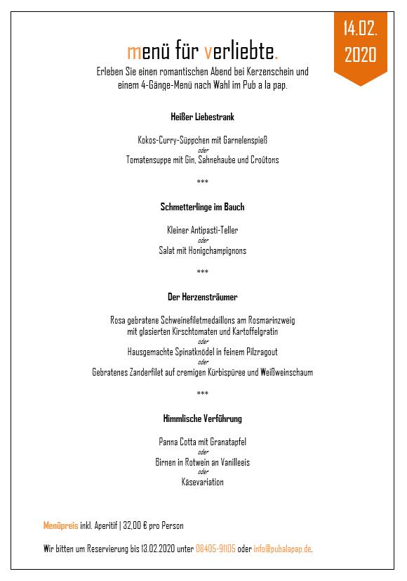 Menu at Pub a la pap, Stammham
