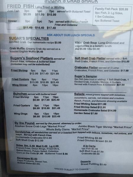 Menu at Sugar's Crab Shack restaurant, Richmond