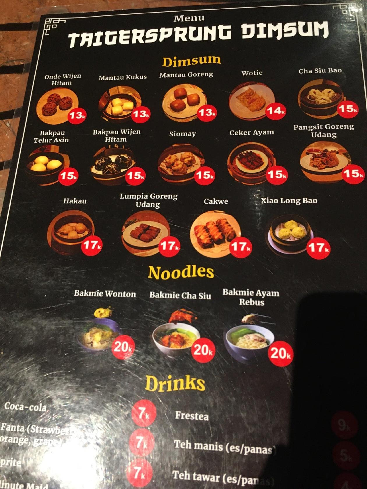 Menu at Taigersprung Dimsum restaurant, Depok