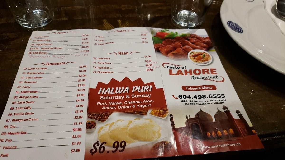 Menu at Taste of Lahore restaurant, Surrey