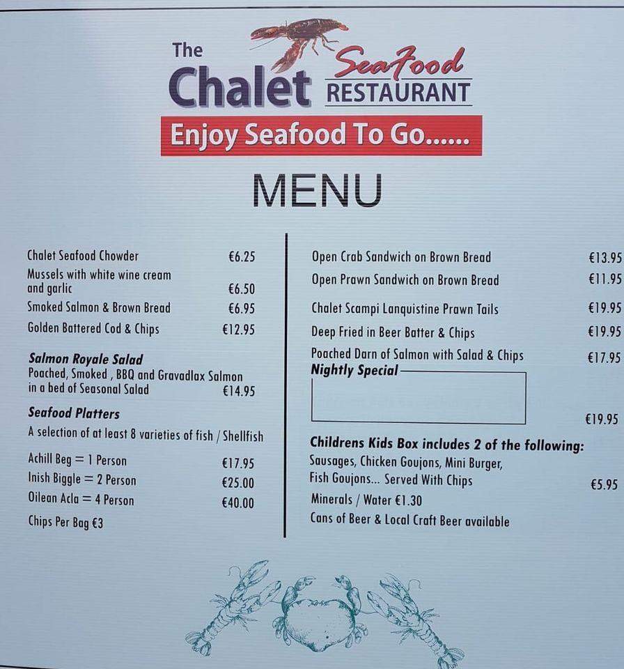 Menu at The Chalet Seafood Restaurant, Ireland