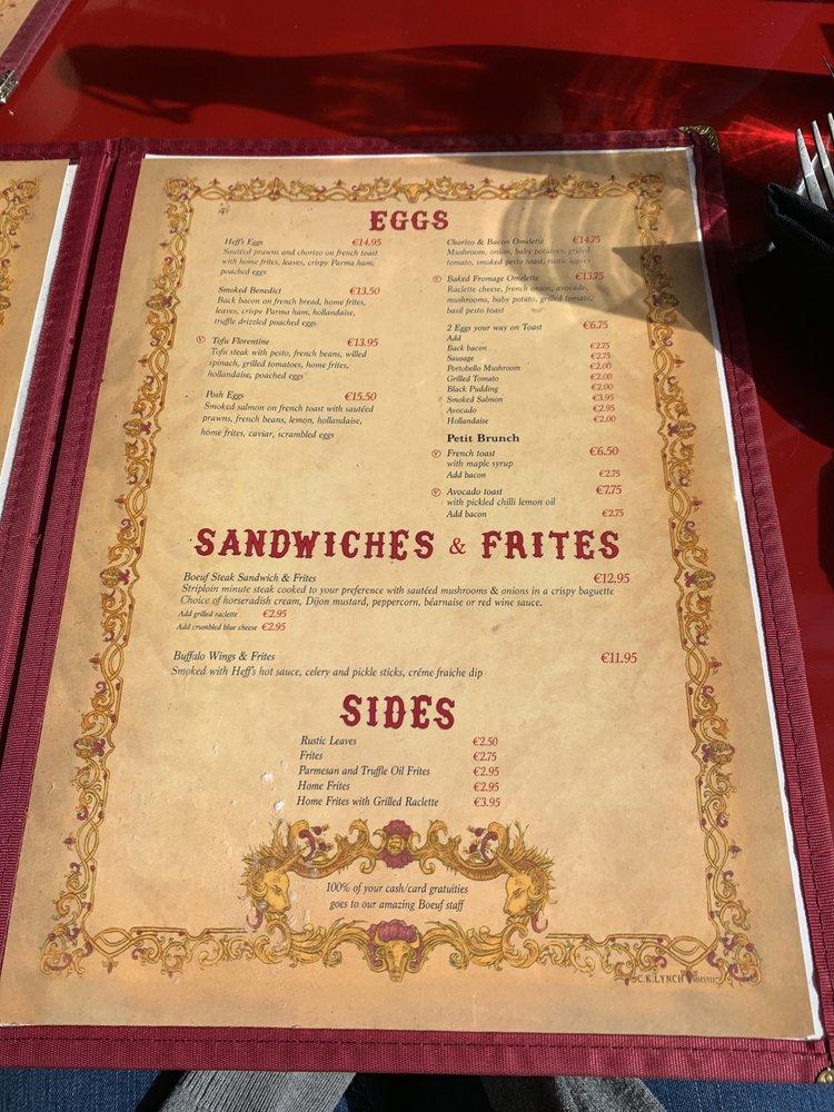Menu at Boeuf steakhouse, Dublin