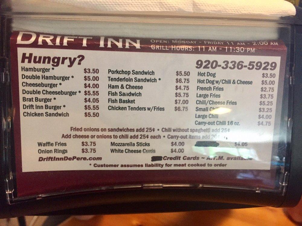 Menu at Drift Inn restaurant, De Pere