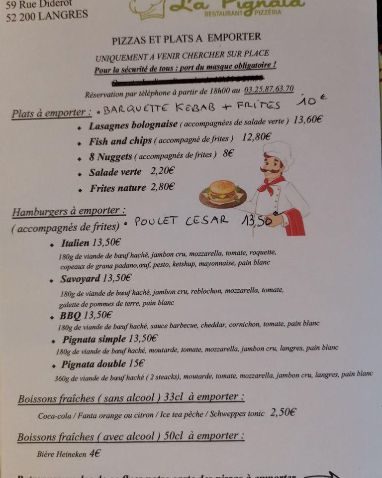 Menu au La Pignata pizzeria, Langres