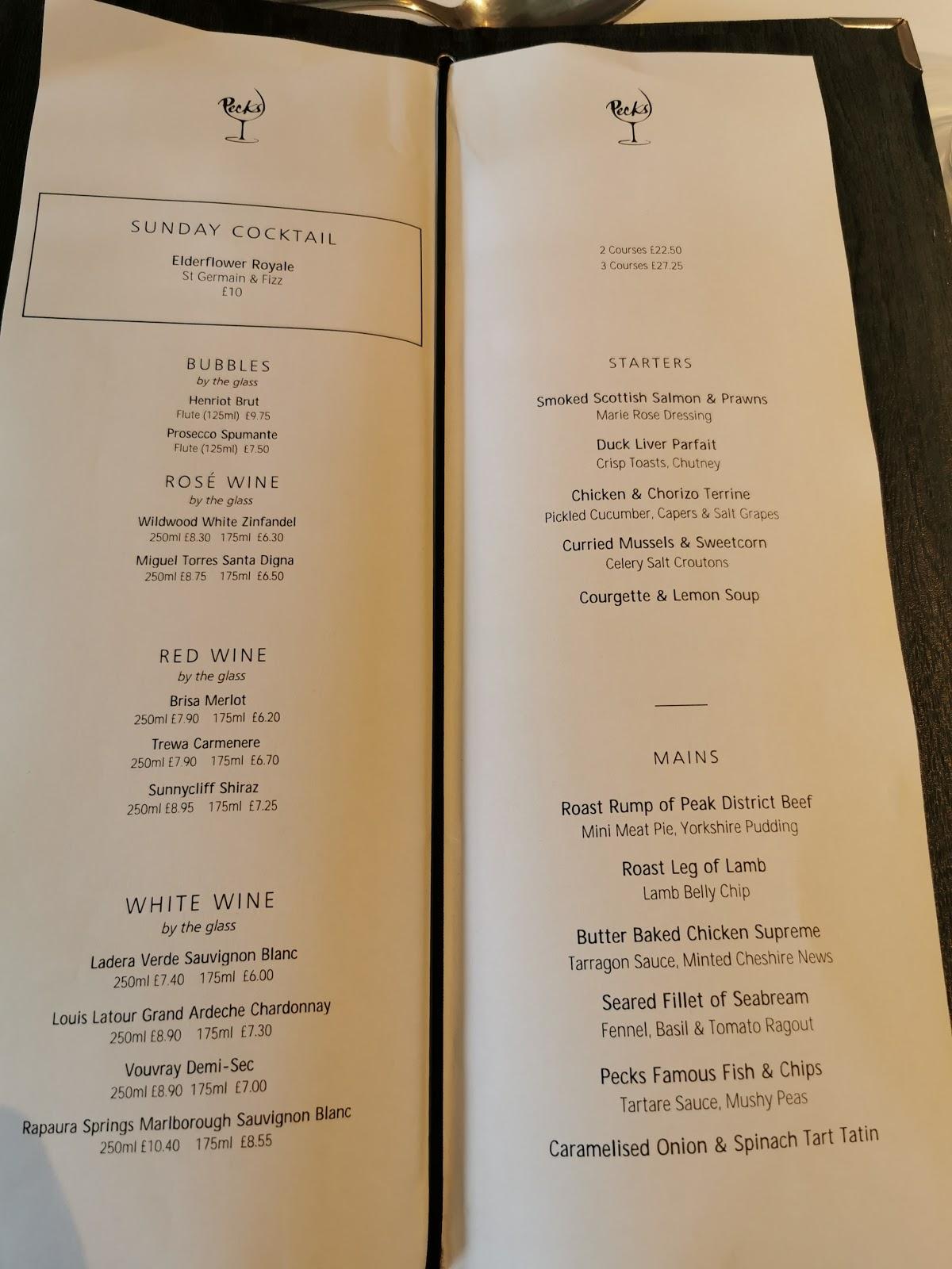 Menu at Pecks Restaurant, Congleton