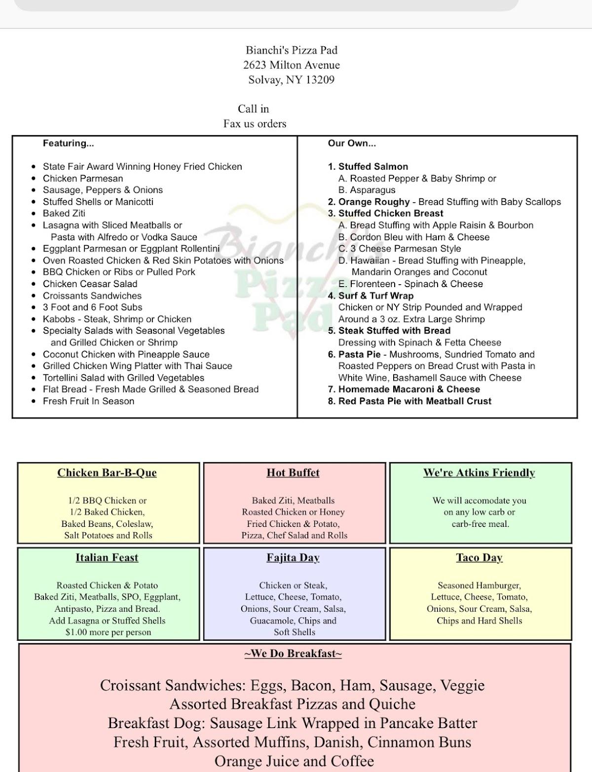 Menu at Bianchi's Catering & Pizza pizzeria, Syracuse