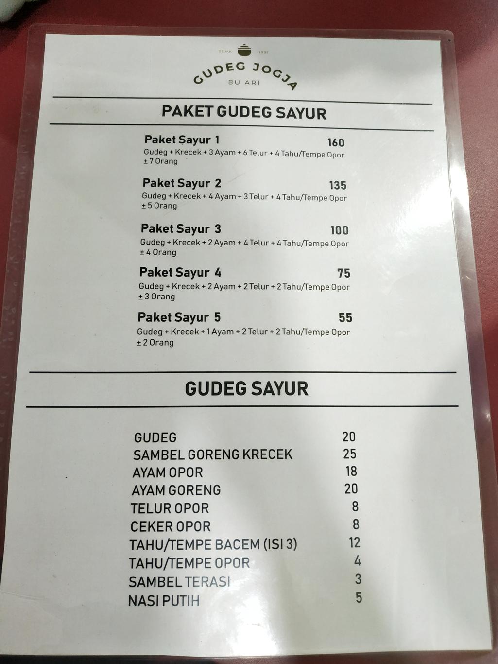 Menu at Gudeg Jogja Bu Ari Cab. Tanjung Sari, Medan