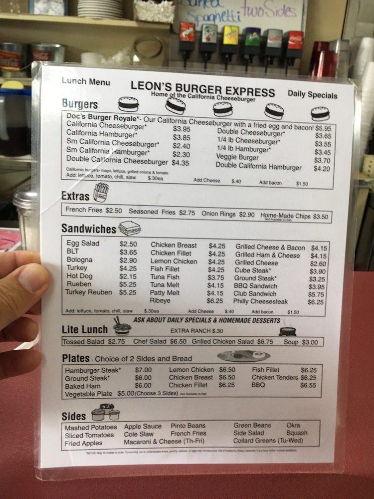 Menu at Leon's Burger Express restaurant, Mount Airy