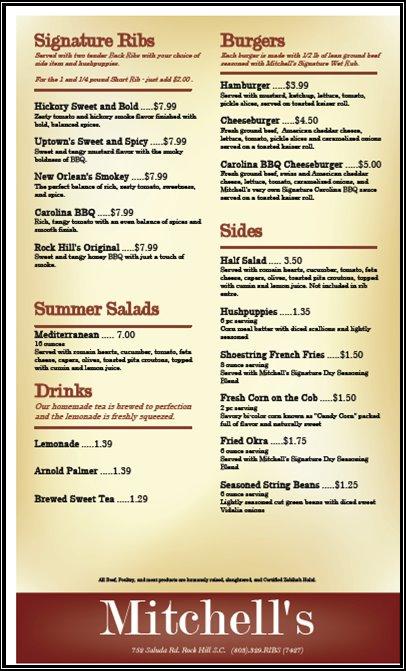 Menu at Mitchell's of Rock Hill restaurant, Rock Hill