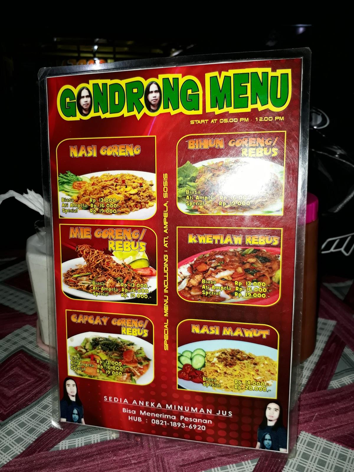 Menu at Nasi Goreng Gondrong Asli Tegal restaurant, Bandung