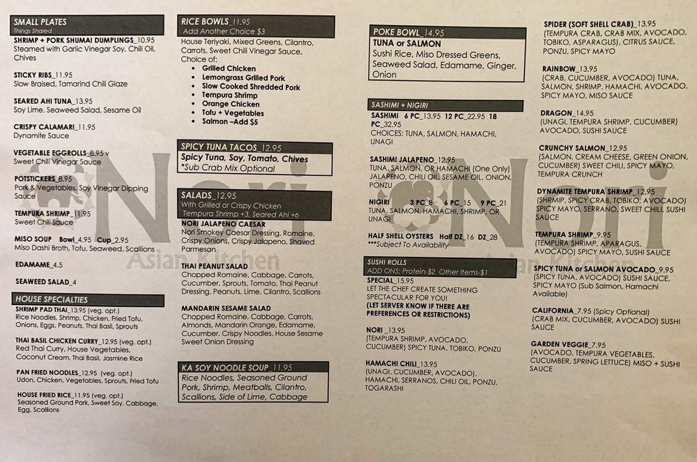 Menu at Nori Downtown restaurant, Oroville