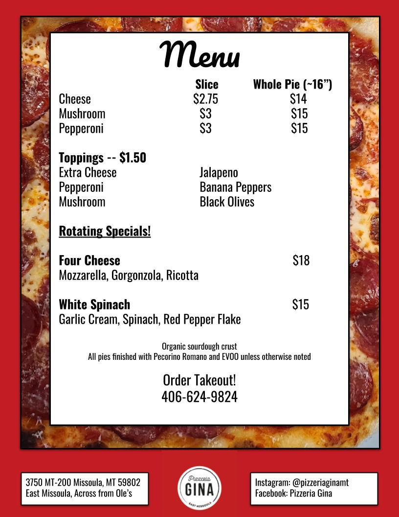 Menu at Pizzeria Gina, East Missoula