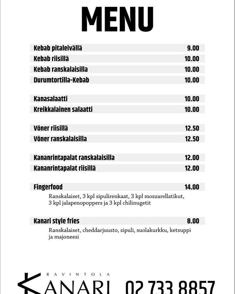 Menu at Ravintola Kanari restaurant, Salo