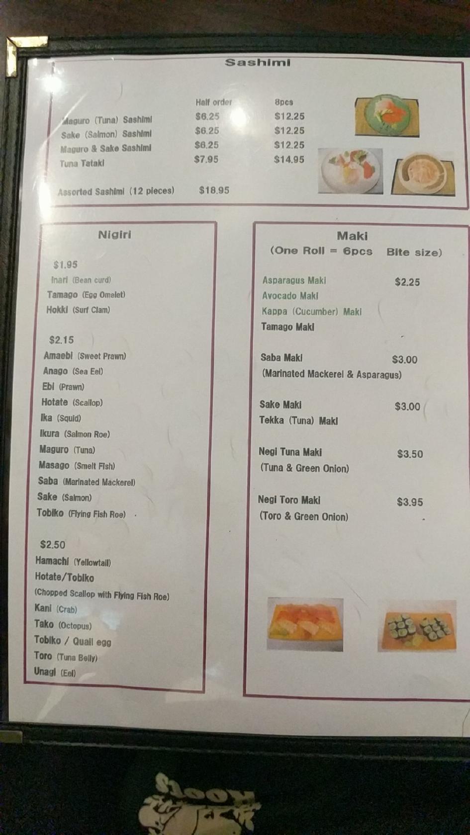 Menu at Sushi Ichi restaurant, Parksville