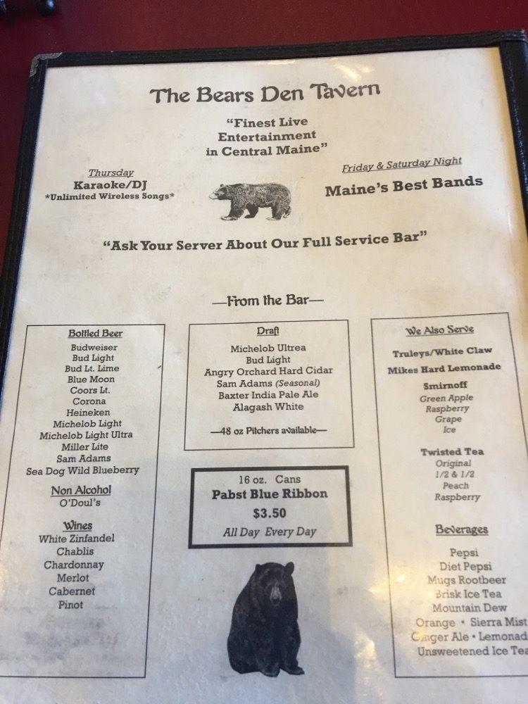 Menu at Bears Den Restaurant & Tavern, Dover-Foxcroft