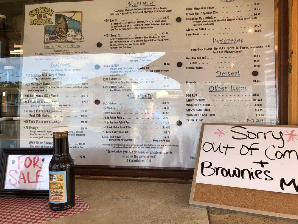 Menu at Chicken in a Barrel BBQ, Kapaa, 4-1586 Kuhio Hwy