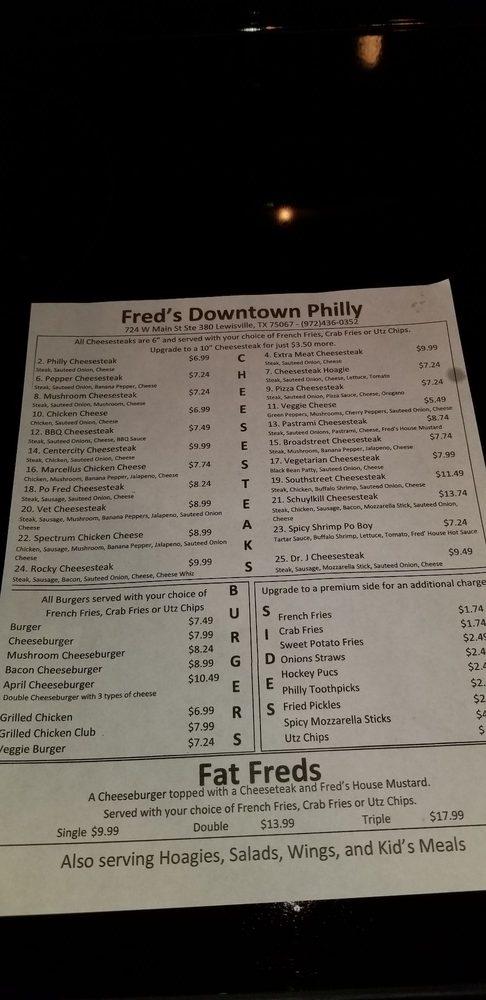 Menu at Fred’s Downtown Philly Cheesesteaks restaurant, Lewisville