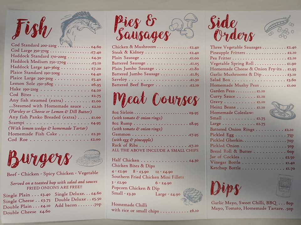 Menu at Greg & Lou's fast food, Redruth
