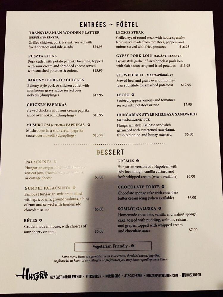 Menu at Huszar pub & bar, Pittsburgh