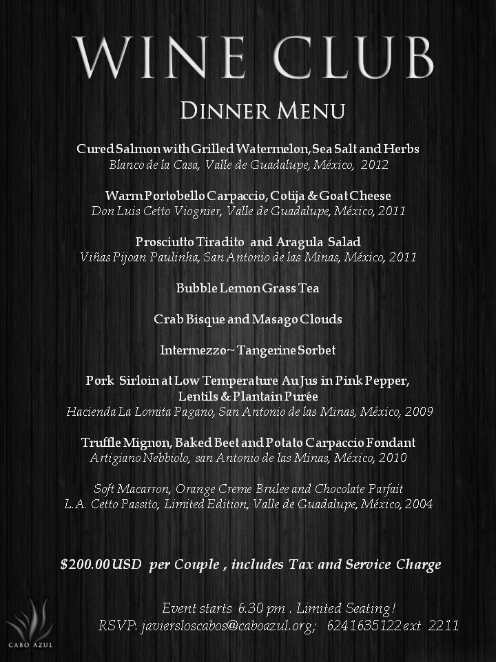Menu at Javier's Restaurant at The Cabo Azul Resort, San José del Cabo ...