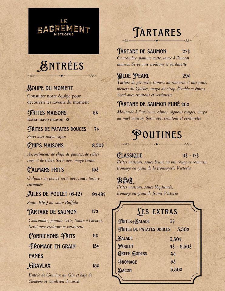 Carta del pub y bar Le Sacrement, Quebec