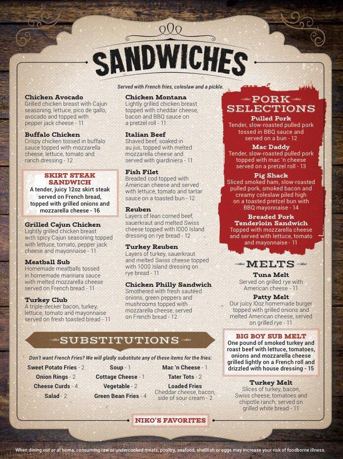 Menu at Niko's Tavern pub & bar, Pingree Grove