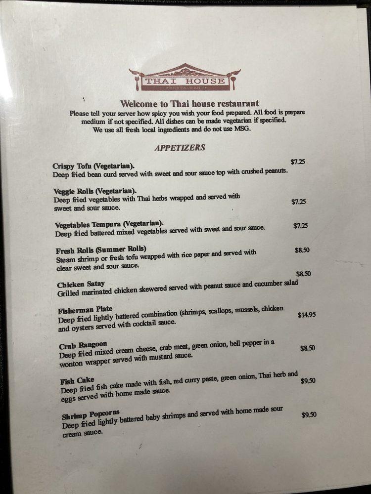 Menu at Thai House restaurant, Cameron Park