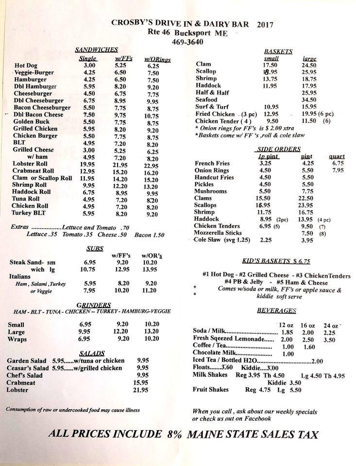Menu at Crosby's Drive-In fast food, Bucksport, 30 Duck Cove Rd