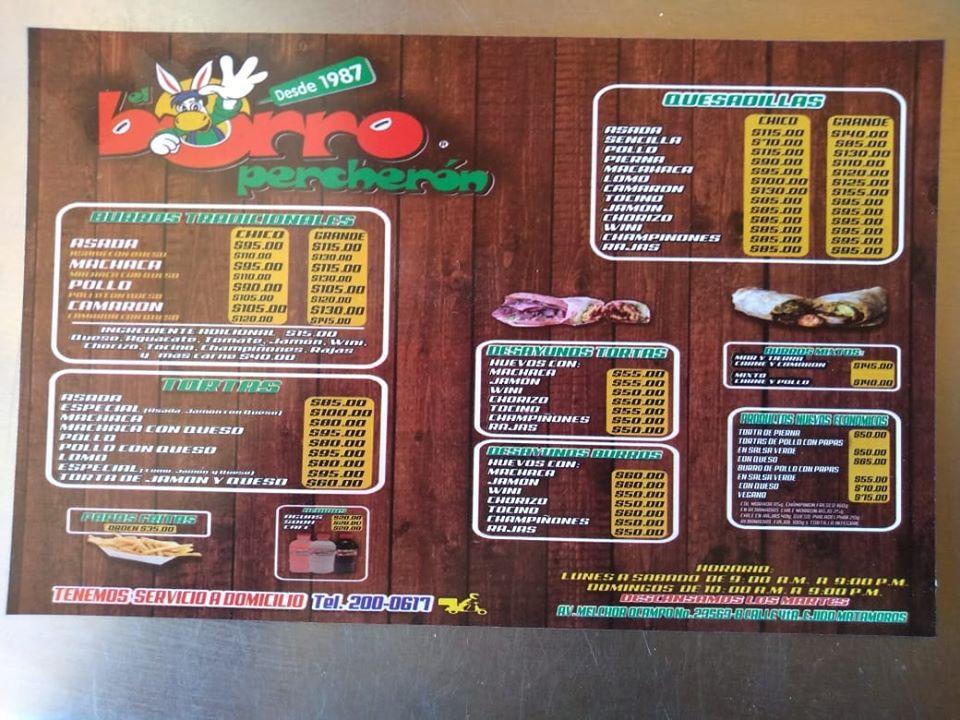 Menu at El Burro Percheron Ejido Matamoros restaurant, Tijuana