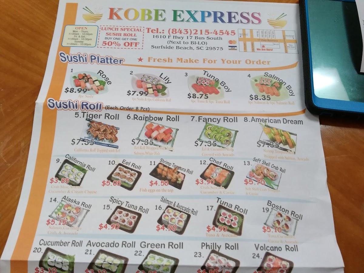 Menu at Kobe Express restaurant, Surfside Beach, F