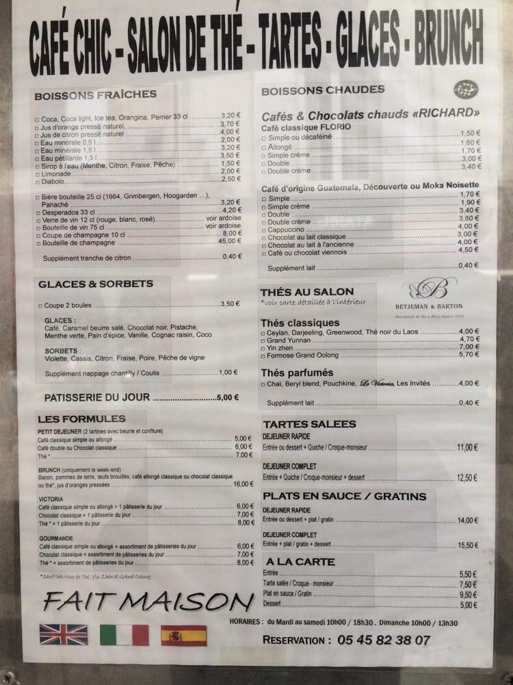 Menu at Le Victoria cafe, Cognac