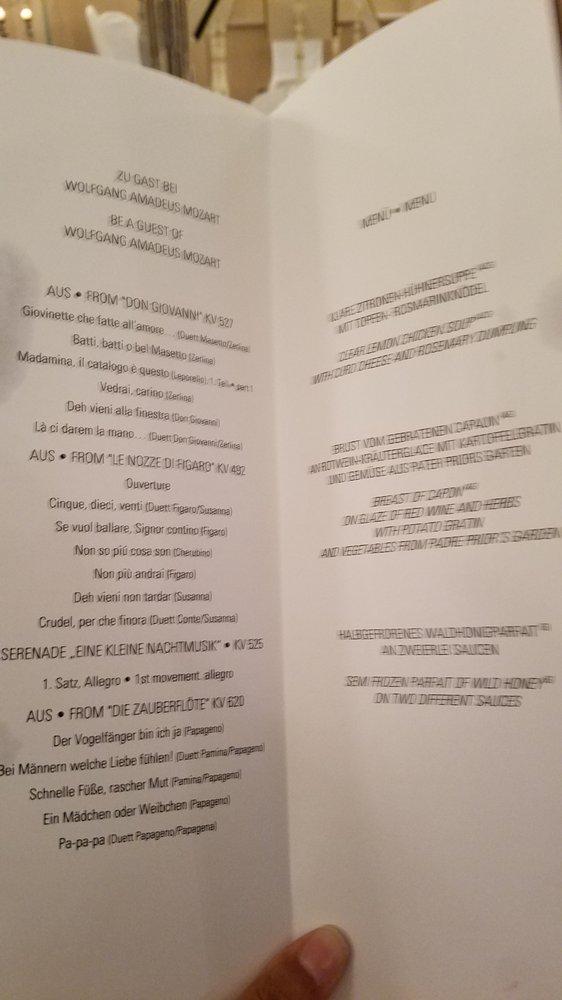 Menu at Mozart Dinner Concert, Salzburg, St. Peter Bezirk 1 / 4
