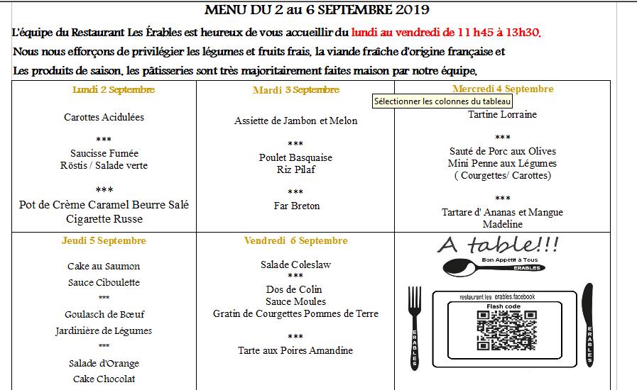 Menu at Restaurant Les ERABLES, Épinal