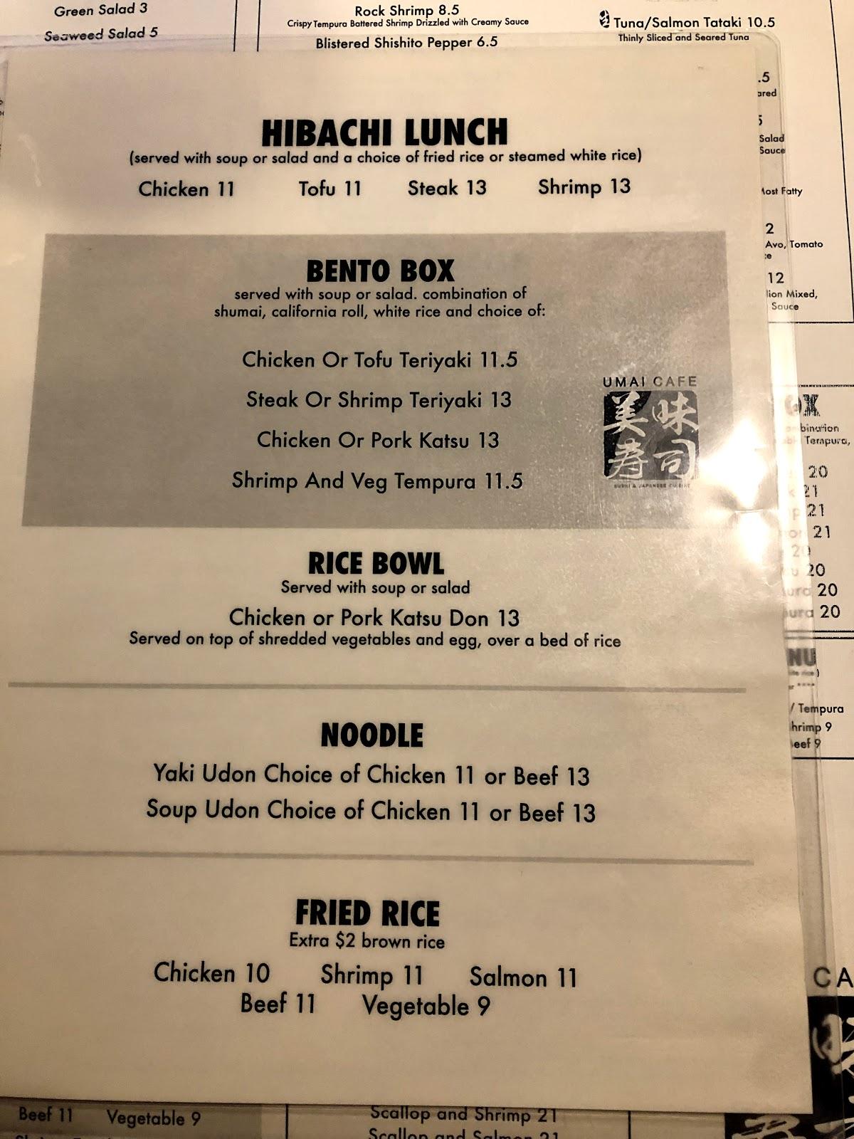 Menu at Umai Cafe, Clearwater