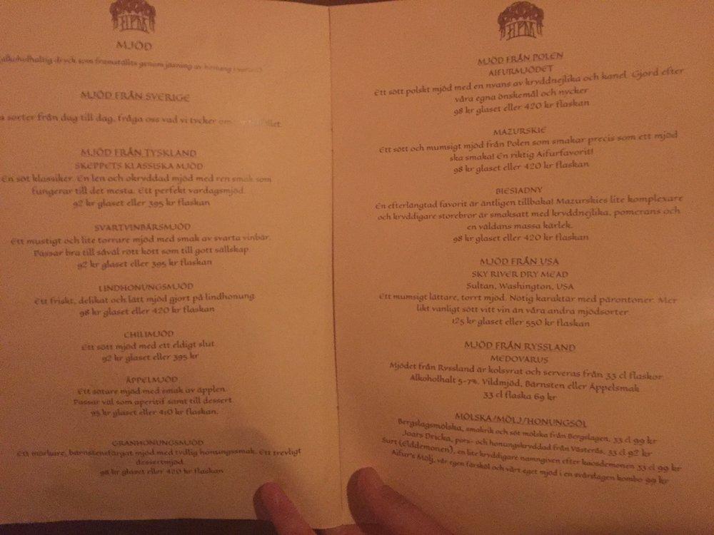 Menu at Aifur restaurant, Stockholm, Västerlånggatan 68b