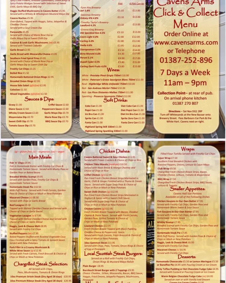 Menu at Cavens Arms pub & bar, Dumfries