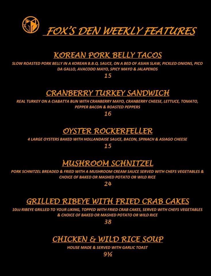 Menu at Fox's Den Bar & Grill, Williams Lake