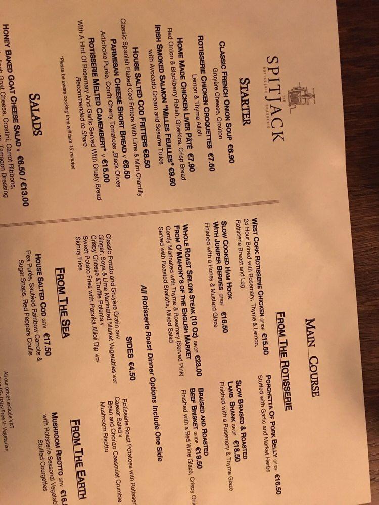 Menu at The SpitJack Cork restaurant, Cork