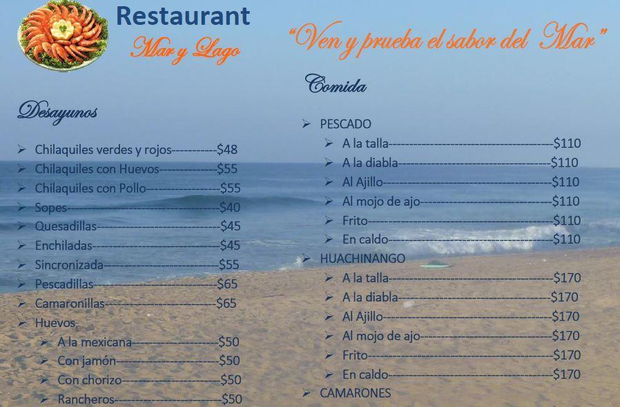 Menu at Cabaña Mar y Lago restaurant, Mexico