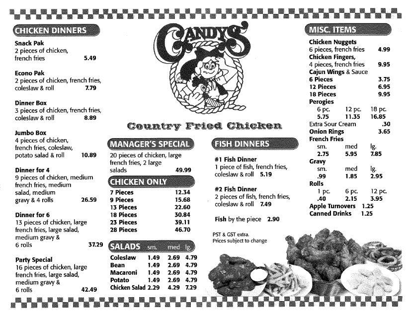 Menu at Candy's Fried Chicken restaurant, Winnipeg, Henderson Hwy