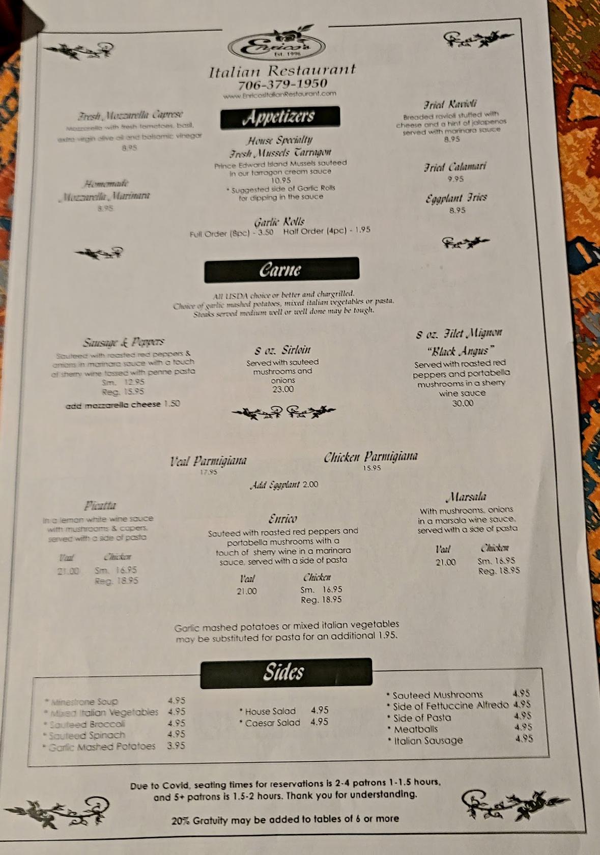 Menu at Enrico's Italian Restaurant, Young Harris, 687 Main St #5