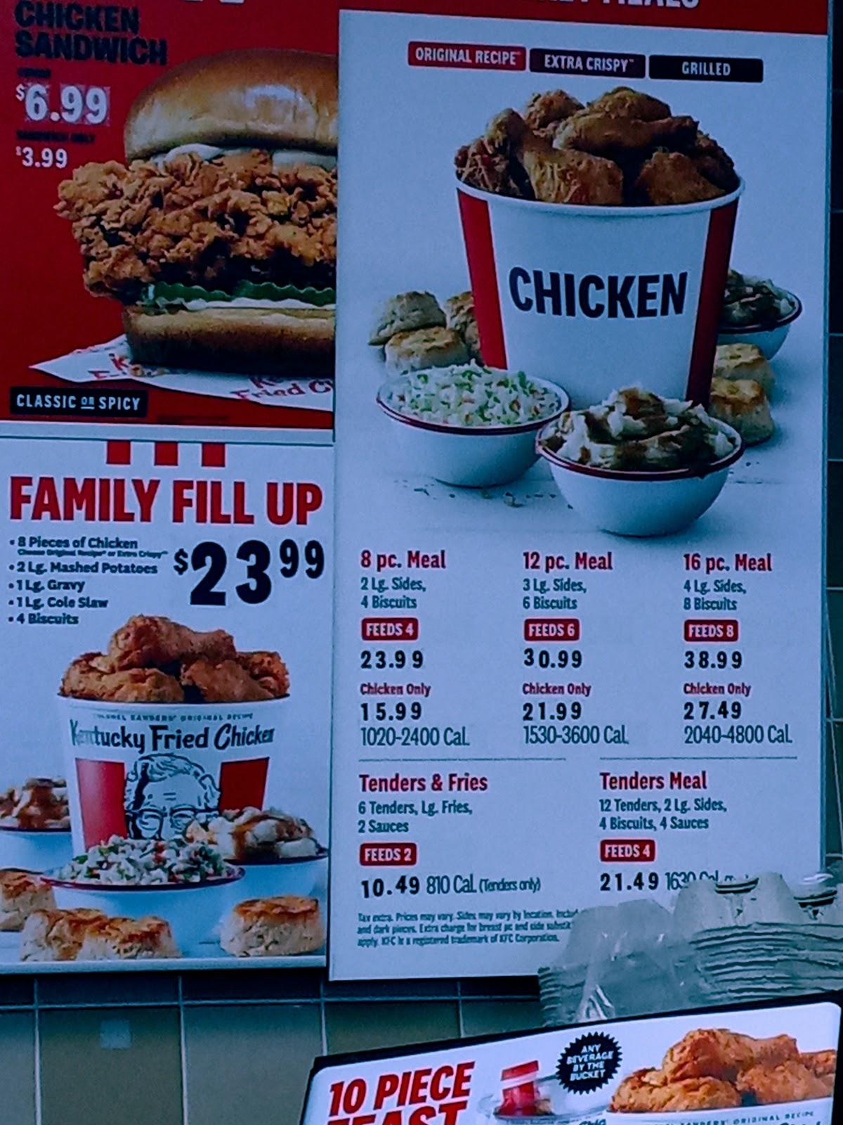 Menu at KFC fast food, Anderson, 6620 S Scatterfield Rd