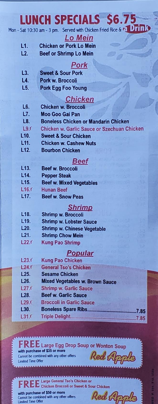 Carta de Red Apple Chinese Restaurant, Harahan, Jefferson Hwy #2