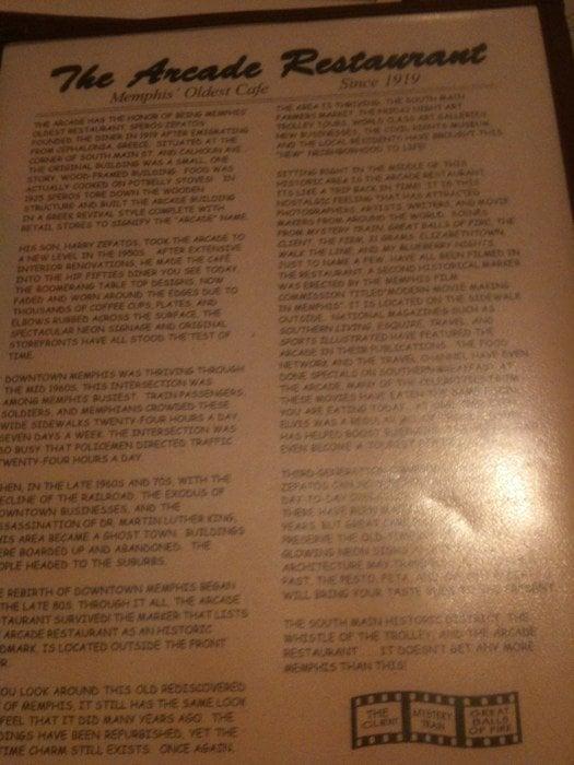 Menu at The Arcade Restaurant, Memphis