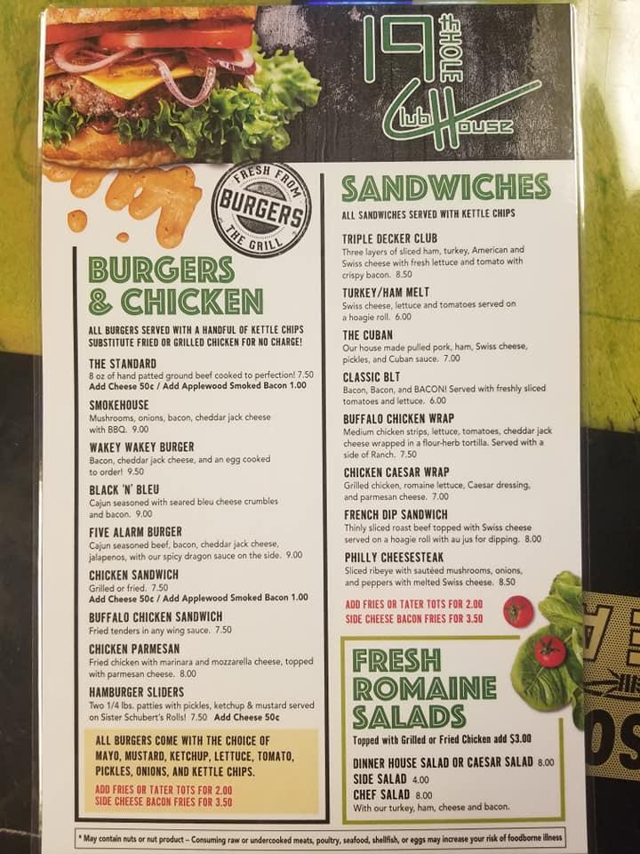 Menu at 19th Hole Club House, Cookeville